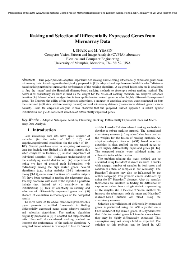 (PDF) Raking and Selection of Differentially Expressed Genes from Microarray Data