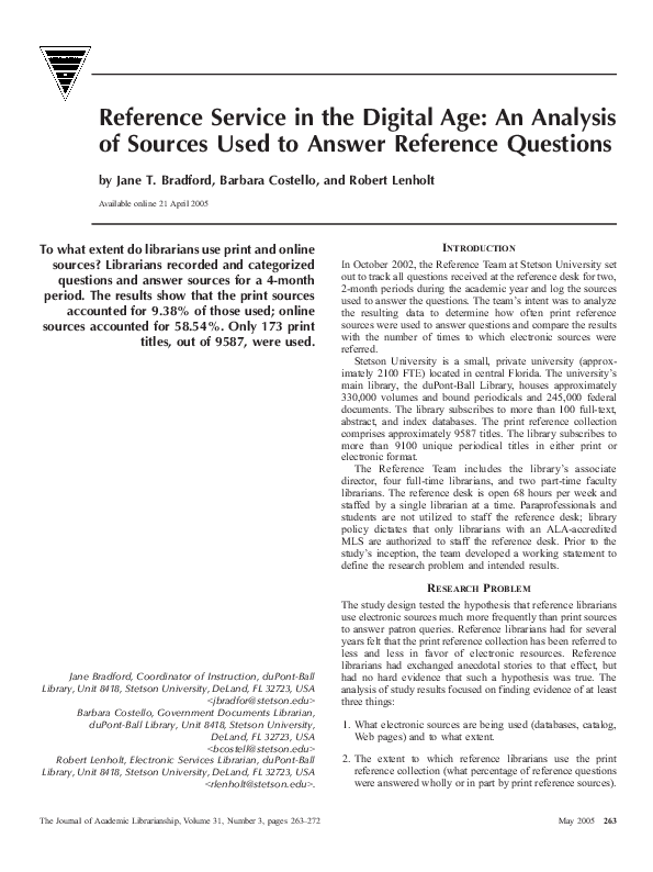 (PDF) Reference service in the digital age: an analysis of sources used ...