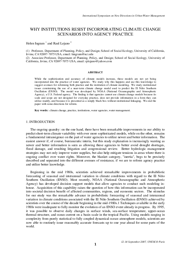 (PDF) Why institutions resist incorporating climate change scenarios ...