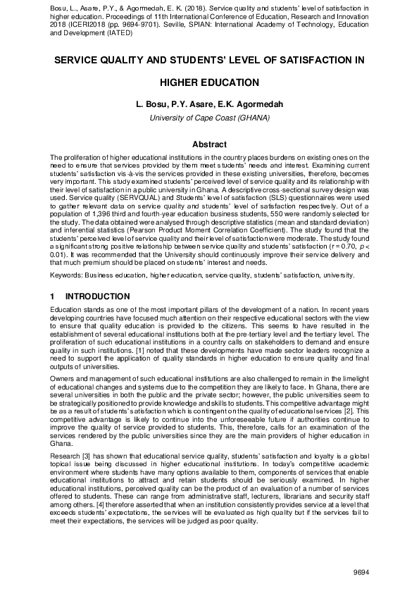 (PDF) SERVICE QUALITY AND STUDENTS' LEVEL OF SATISFACTION IN HIGHER ...