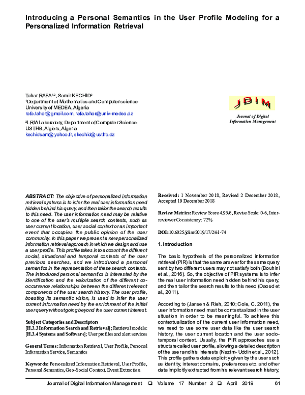 (PDF) Introducing a Personal Semantics in the User Profile Modeling for a Personalized ...