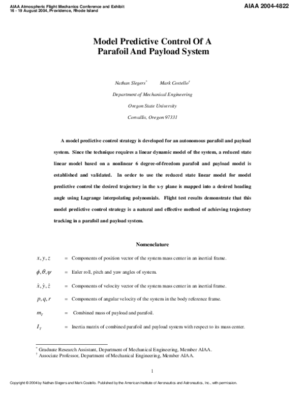 (PDF) Model Predictive Control of A Parafoil and Payload System