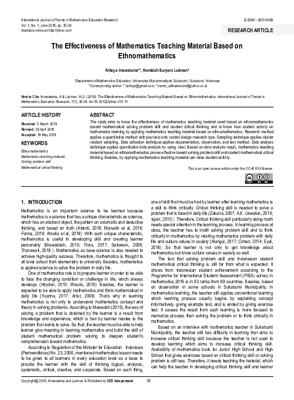 Pdf The Effectiveness Of Mathematics Teaching Material Based On