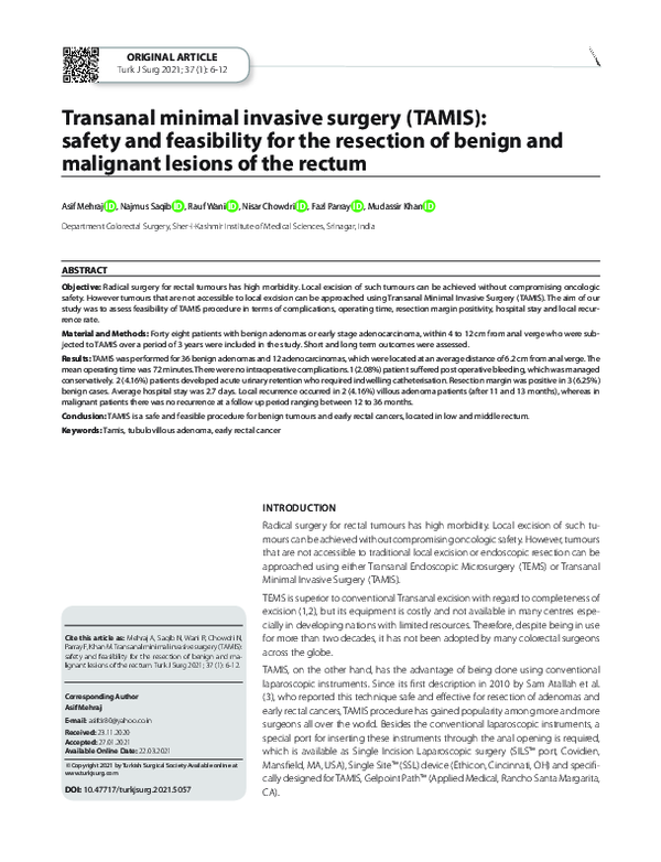 (PDF) Transanal minimal invasive surgery (TAMIS): safety and feasibility for the resection of ...
