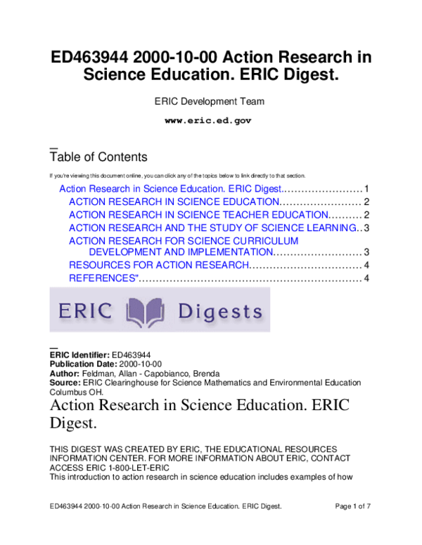 (PDF) Action Research in Science Education. ERIC Digest