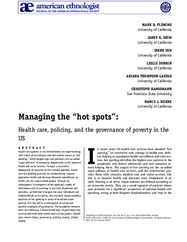 (PDF) Managing the “hot spots”: Health care, policing, and the ...