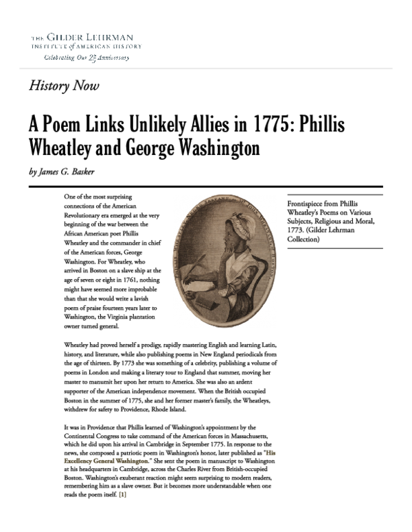 (PDF) A Poem Links Unlikely Allies in 1775: Phillis Wheatley and George ...