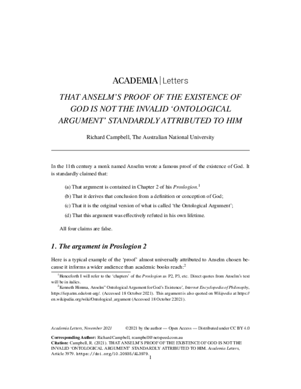 (PDF) THAT ANSELM'S PROOF OF THE EXISTENCE OF GOD IS NOT THE INVALID ...