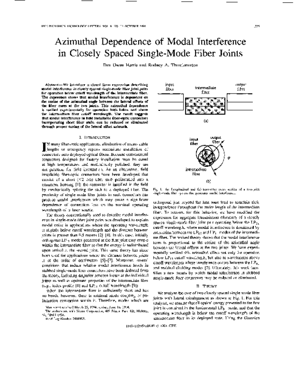 (PDF) Azimuthal Dependence of Modal Interference In Closely Spaced Single-Mode Fiber Joints