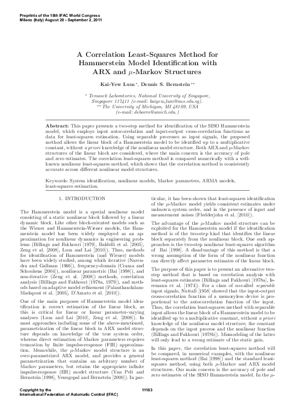 Pdf A Correlation Least Squares Method For Hammerstein Model Identification With Arx And