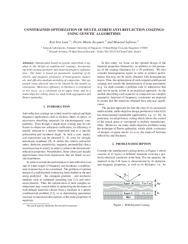 (PDF) Constrained Optimization of Multilayered Anti-Reflection Coatings Using Genetic Algorithms
