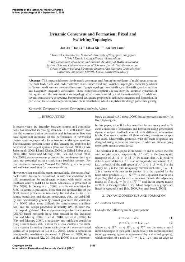 (PDF) Dynamic Consensus and Formation: Fixed and Switching Topologies