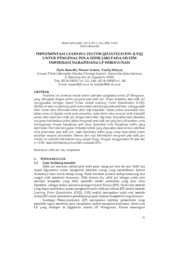 (PDF) Implementasi Learning Vector Quantization (LVQ) untuk Pengenal Pola Sidik Jari pada Sistem ...