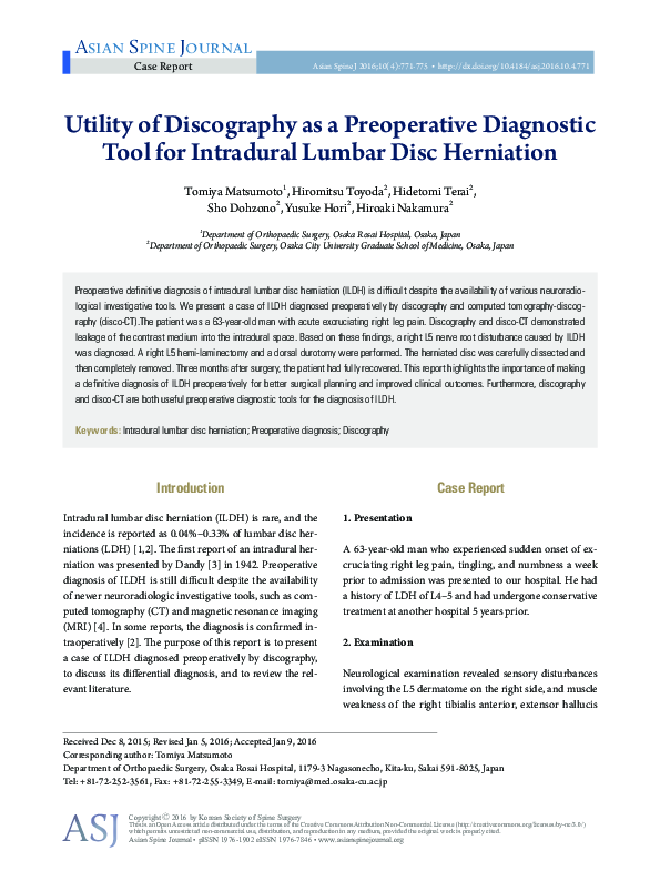 (PDF) Utility of Discography as a Preoperative Diagnostic Tool for ...