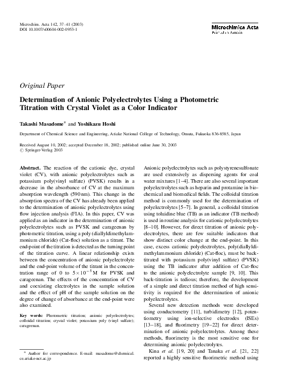 Pdf Determination Of Anionic Polyelectrolytes Using A Photometric Titration With Crystal