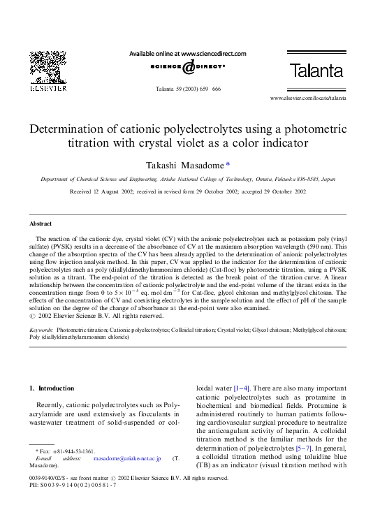(PDF) Determination of cationic polyelectrolytes using a photometric ...