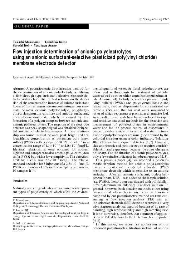 Pdf Flow Injection Determination Of Anionic Polyelectrolytes Using An Anionic Surfactant