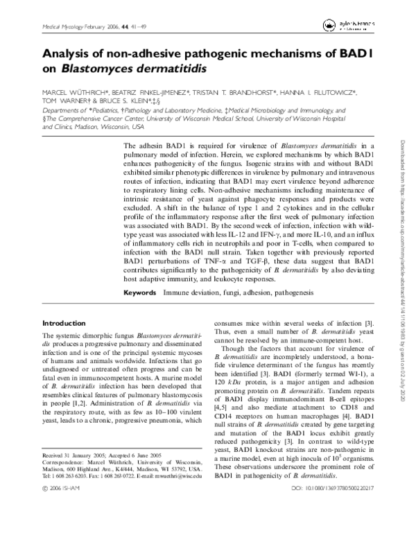 (PDF) Analysis of non-adhesive pathogenic mechanisms of BAD1 on ...
