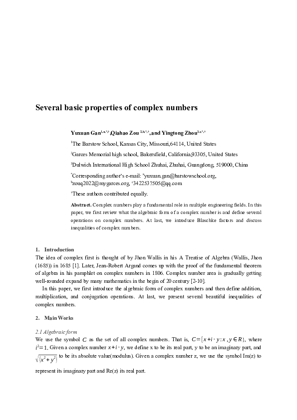 (DOC) Several basic properties of complex numbers