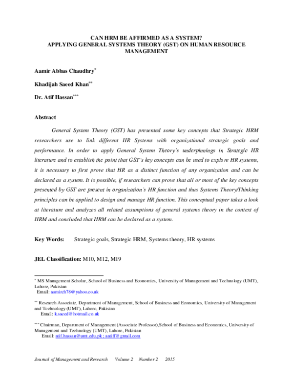 (PDF) Can HRM Be Affirmed as a System? Applying General Systems Theory ...