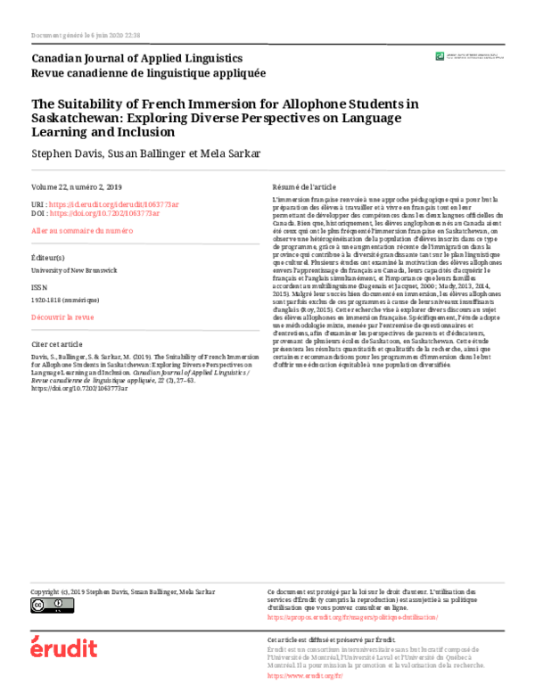 (PDF) The Suitability of French Immersion for Allophone Students in ...