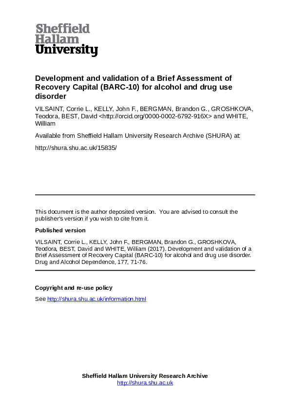 (PDF) Development and validation of a Brief Assessment of Recovery Capital (BARC-10) for alcohol ...