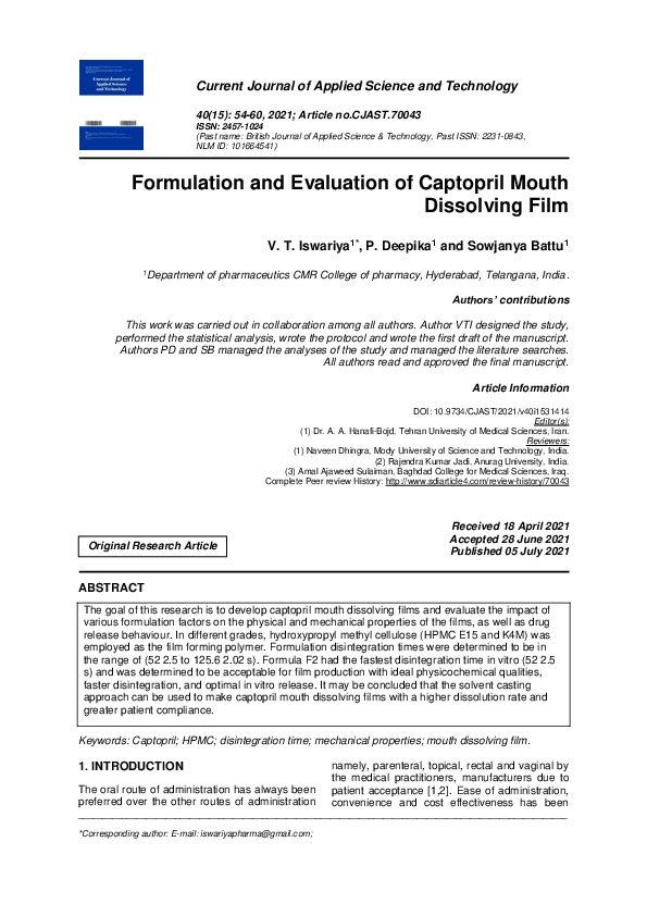 (PDF) Formulation and Evaluation of Captopril Mouth Dissolving Film | Dr. Sowjanya Battu ...