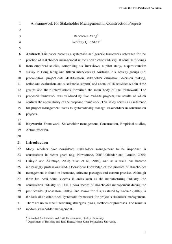 (PDF) A Framework for Stakeholder Management in Construction Projects