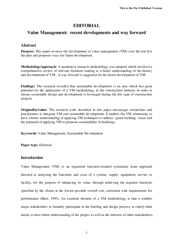 (PDF) Value management: recent developments and way forward