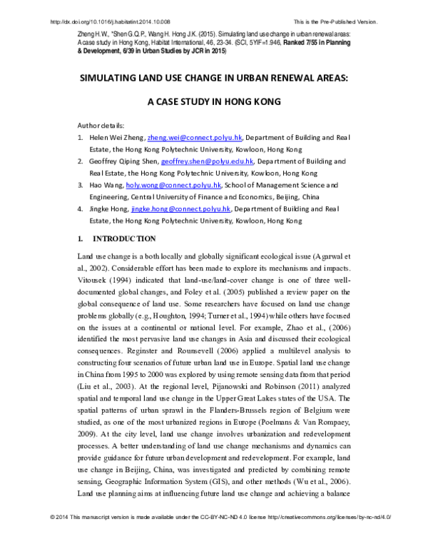 (PDF) Simulating land use change in urban renewal areas: A case study in Hong Kong
