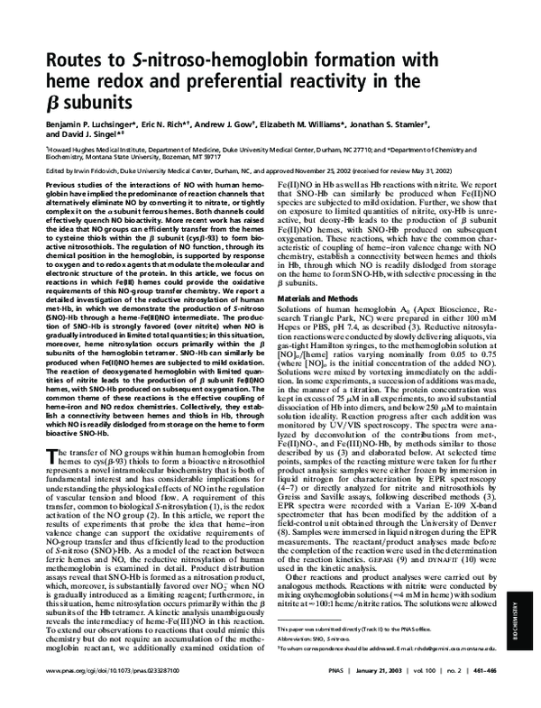 (PDF) Routes to S-nitroso-hemoglobin formation with heme redox and ...