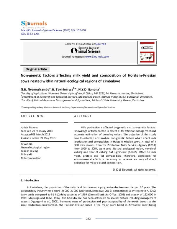 (PDF) Non-genetic factors affecting milk yield and composition of ... (PDF) Non-genetic factors affecting milk yield and composition of ...