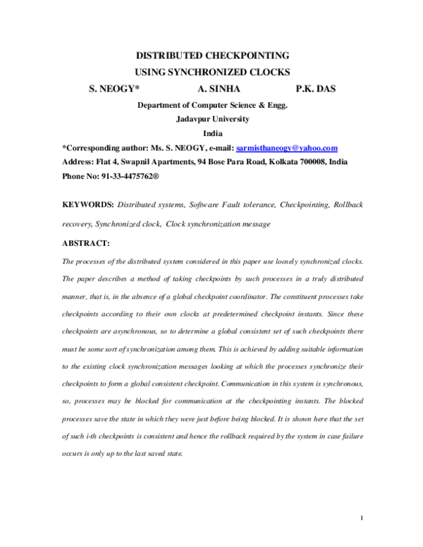 (PDF) Distributed checkpointing using synchronized clocks