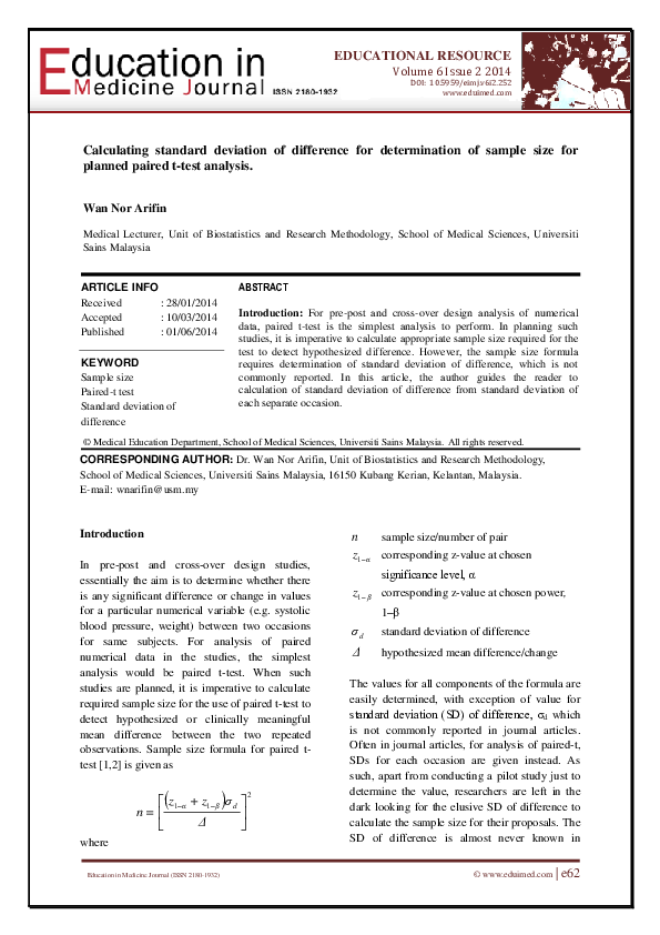 (PDF) Calculating standard deviation of difference for determination of sample size for planned ...