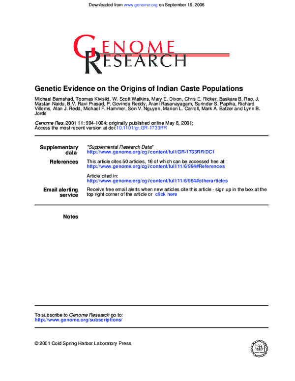 (PDF) Genetic evidence on the origins of Indian caste populations