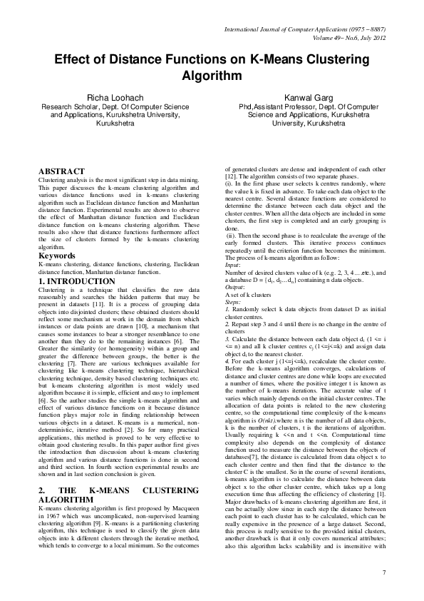 Pdf Effect Of Distance Functions On K Means Clustering Algorithm