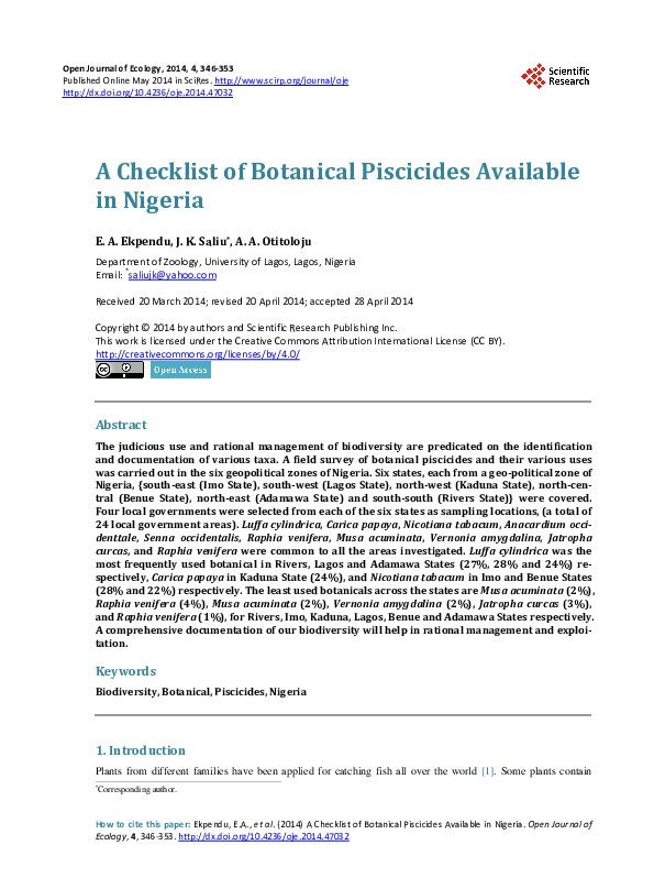 (PDF) A Checklist of Botanical Piscicides Available in Nigeria