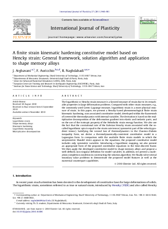 (PDF) A finite strain kinematic hardening constitutive model based on Hencky strain: General ...