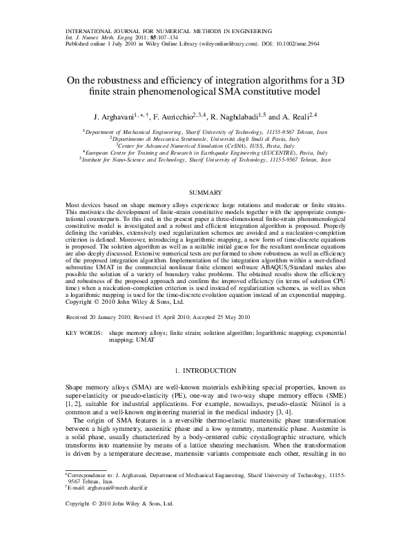 Pdf On The Robustness And Efficiency Of Integration Algorithms For A 3d Finite Strain