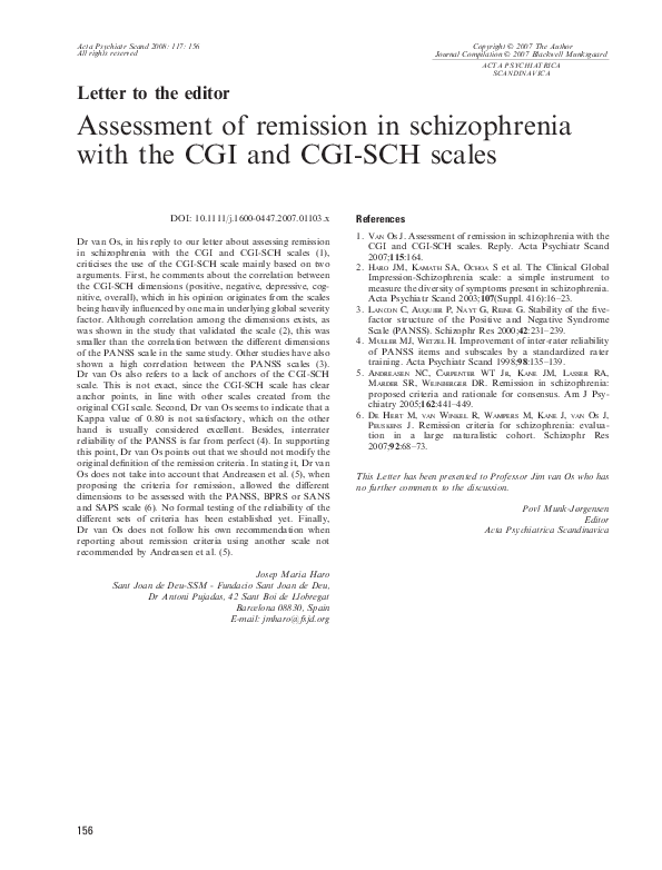 (PDF) Assessment of remission in schizophrenia with the CGI and CGI-SCH scales