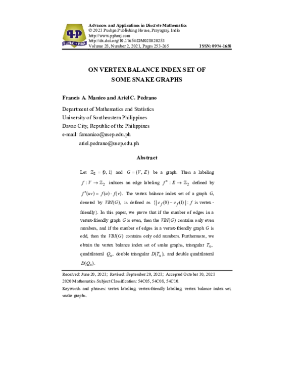 (PDF) On Vertex Balance Index Set of Some Snake Graphs