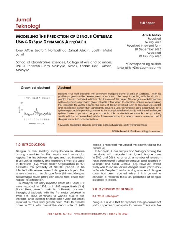 Pdf Modelling The Prediction Of Dengue Outbreak Using System Dynamics