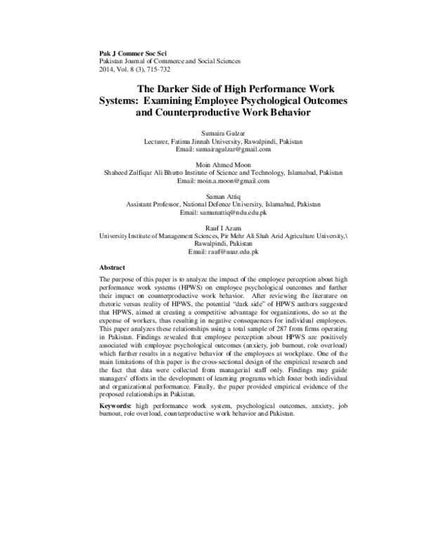 (PDF) The Darker Side of High Performance Work Systems: Examining ...