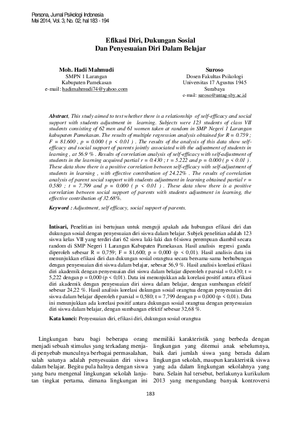 (PDF) Efikasi Diri, Dukungan Sosial dan Penyesuaian Diri Dalam Belajar