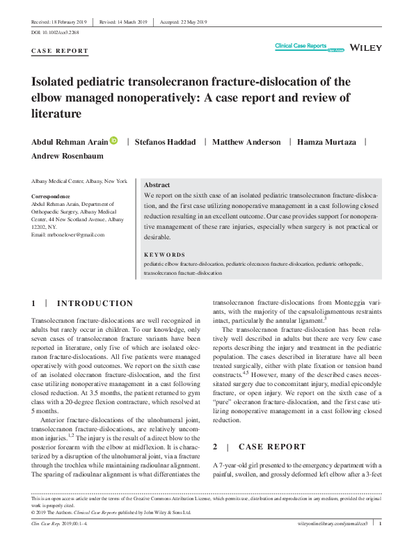 Pdf Isolated Pediatric Transolecranon Fracture Dislocation Of The Elbow Managed Nonoperatively