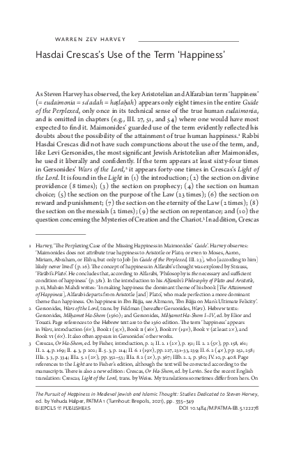 (PDF) Warren Zev Harvey, “Hasdai Crescas’s Use of the Term ‘Happiness ...