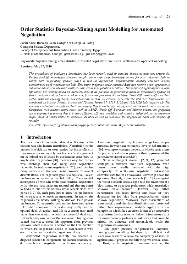 (PDF) Order Statistics Bayesian–Mining Agent Modeling for Automated Negotiation | George Farag ...