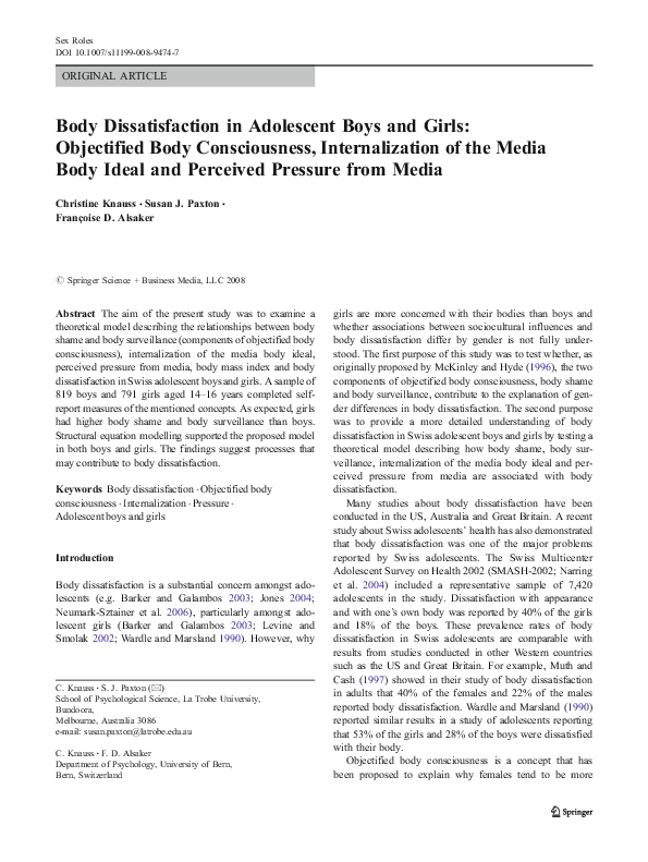 (PDF) Body Dissatisfaction in Adolescent Boys and Girls: Objectified ...