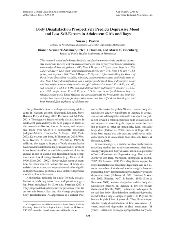 (PDF) Body Dissatisfaction Prospectively Predicts Depressive Mood and Low Self-Esteem in ...