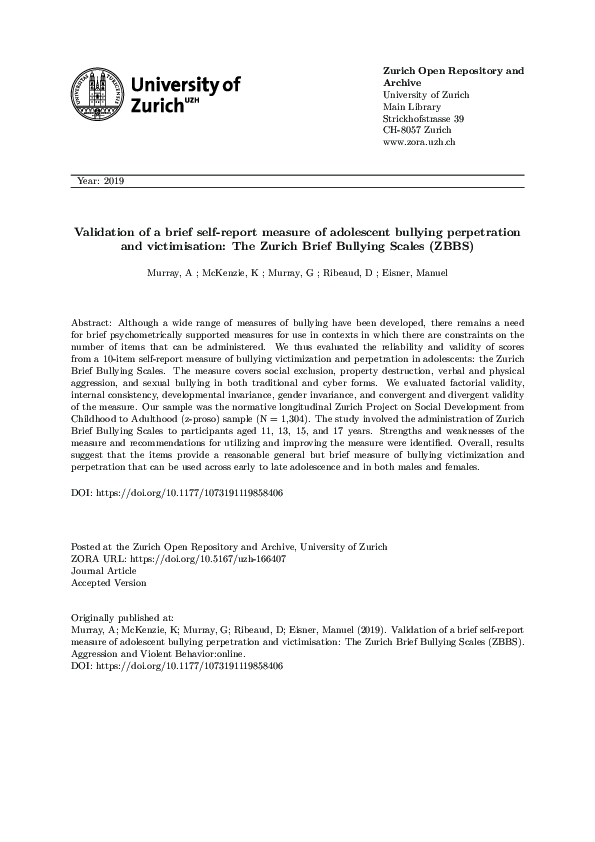 (PDF) Validation of a Brief Self-Report Measure of Adolescent Bullying Perpetration and ...